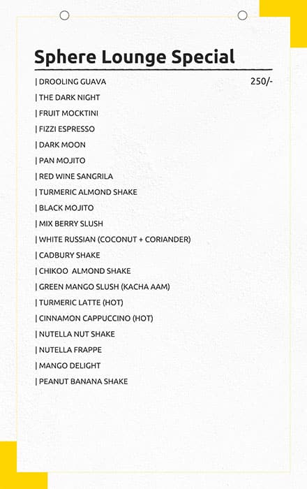 Menu at 1989 By Sphere Lounge, Ahmedabad, 13 Floor