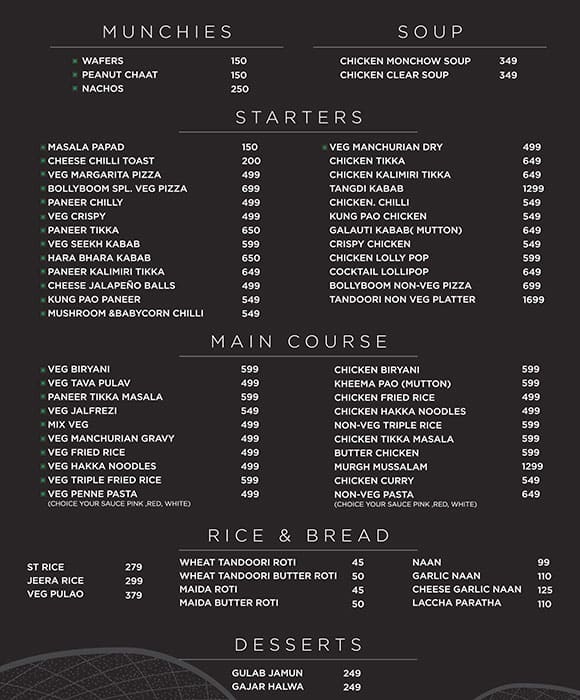 Menu of Bollyboom House, Bandra Kurla Complex, Mumbai