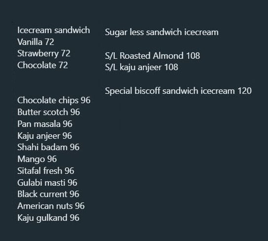 Menu of Dairy Cone, Vile Parle East, Mumbai