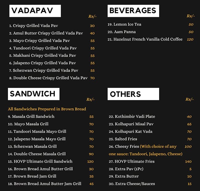 Menu of House Of Vadapav, Near Andheri East Station, Mumbai