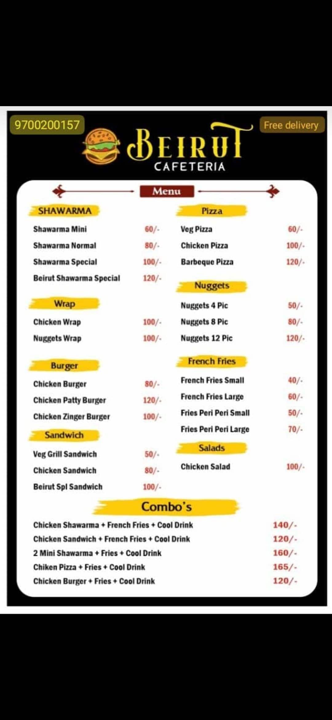 Menu of Beirut Cafeteria, Chandrayanagutta, Hyderabad