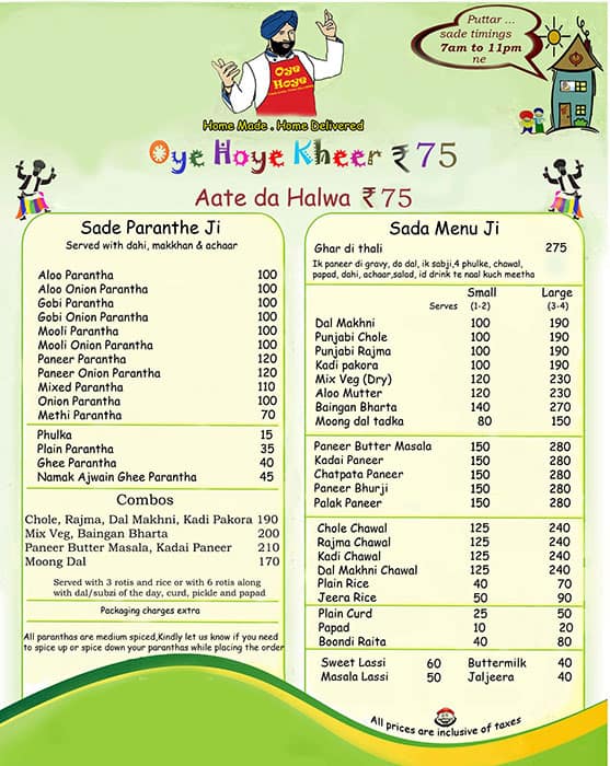 Menu of Oye Hoye, Kammanahalli, Bangalore