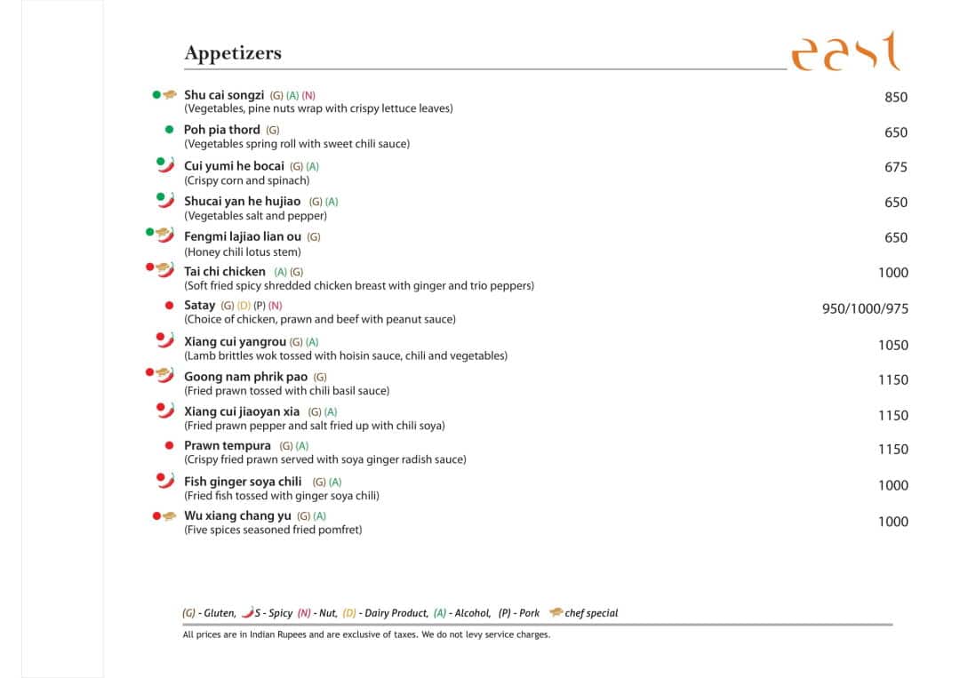 Menu of East- The Oterra, Electronic City, Bangalore