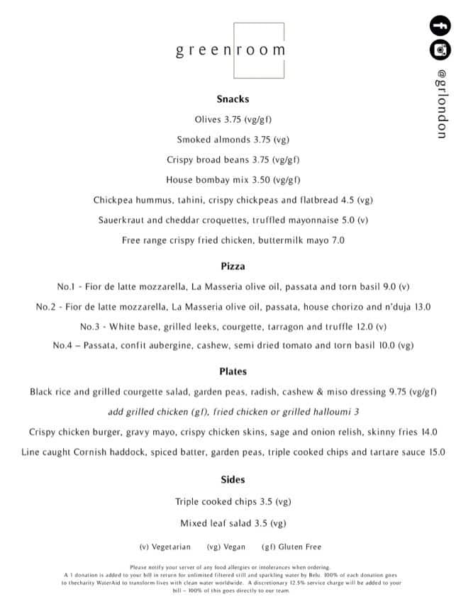 Menu at The Green Room pub & bar, London, 101 Upper Ground