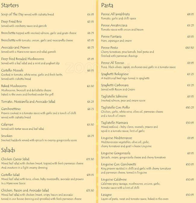 Menu at Castello cafe, Esher, 10 High St