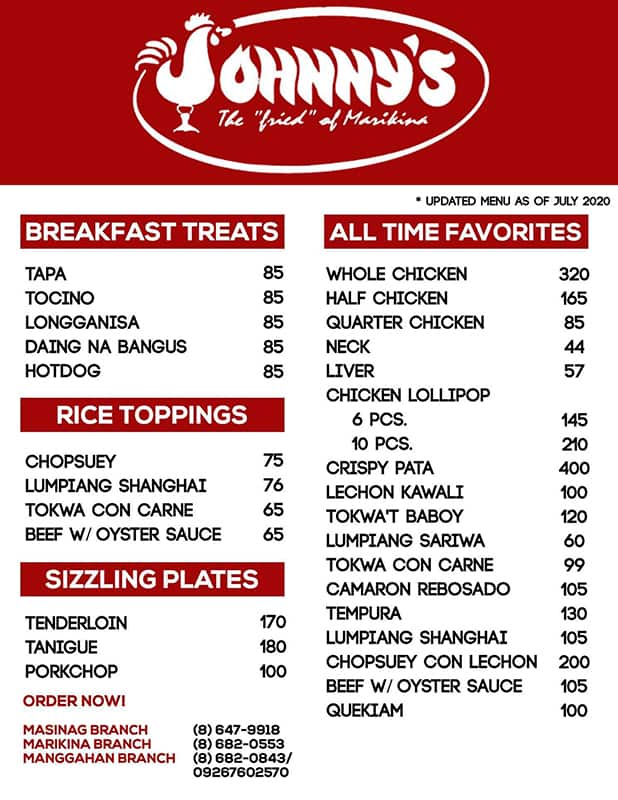 Menu at Johnny's restaurant, Pasig
