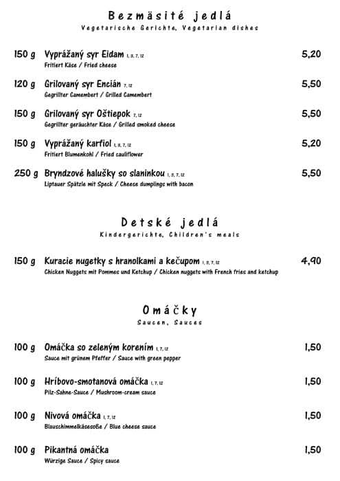 Menu at Rusovska restauracia restaurant, Bratislava