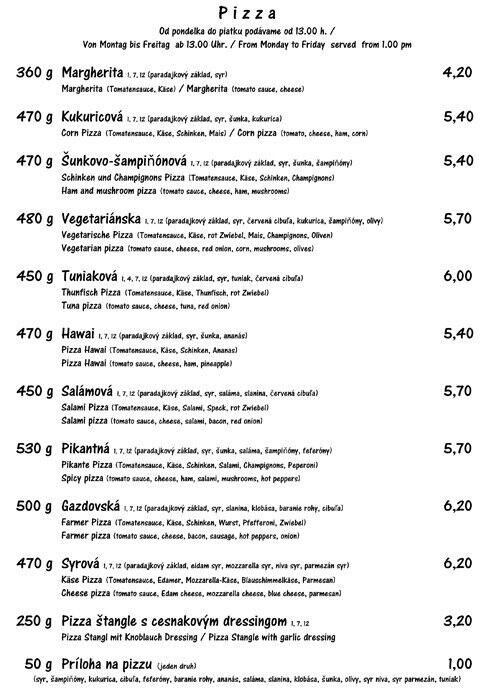 Menu at Rusovska restauracia restaurant, Bratislava