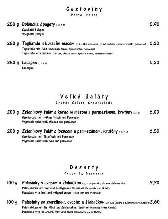 Menu at Rusovska restauracia restaurant, Bratislava