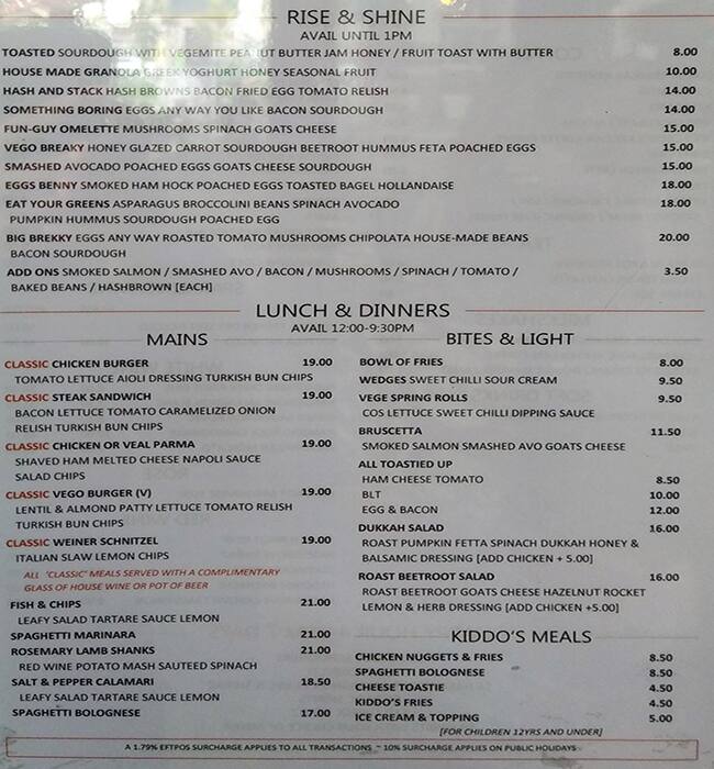 Carta de Java Cafe, Yarraville