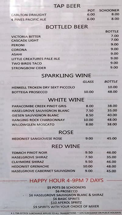 Carta de Java Cafe, Yarraville