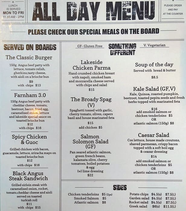 Menu at Lakeside Espresso restaurant, Broadmeadows