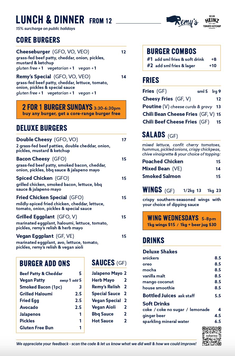 Menu at remy's restaurant, Paddington