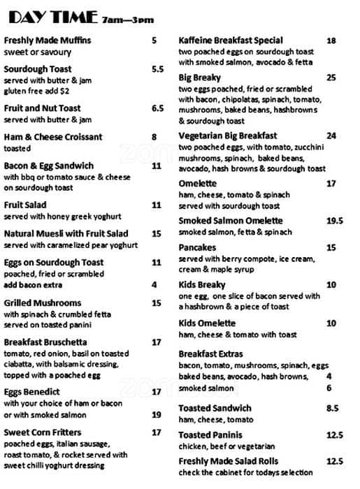 Menu at Kaffeine Cafe, Gwelup