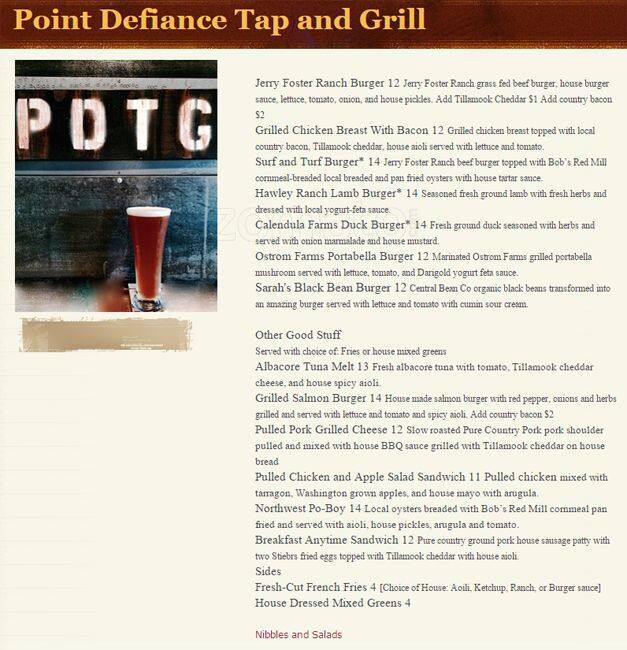 Menu at Point Defiance Tap and Grill pub & bar, Ruston