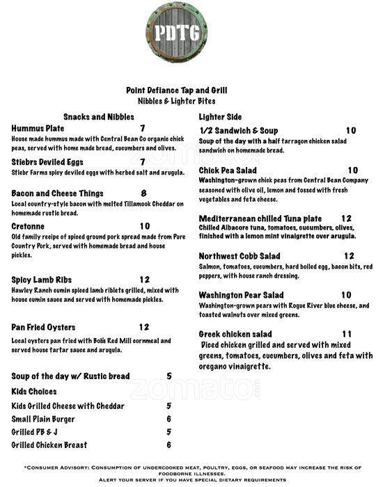Menu at Point Defiance Tap and Grill pub & bar, Ruston