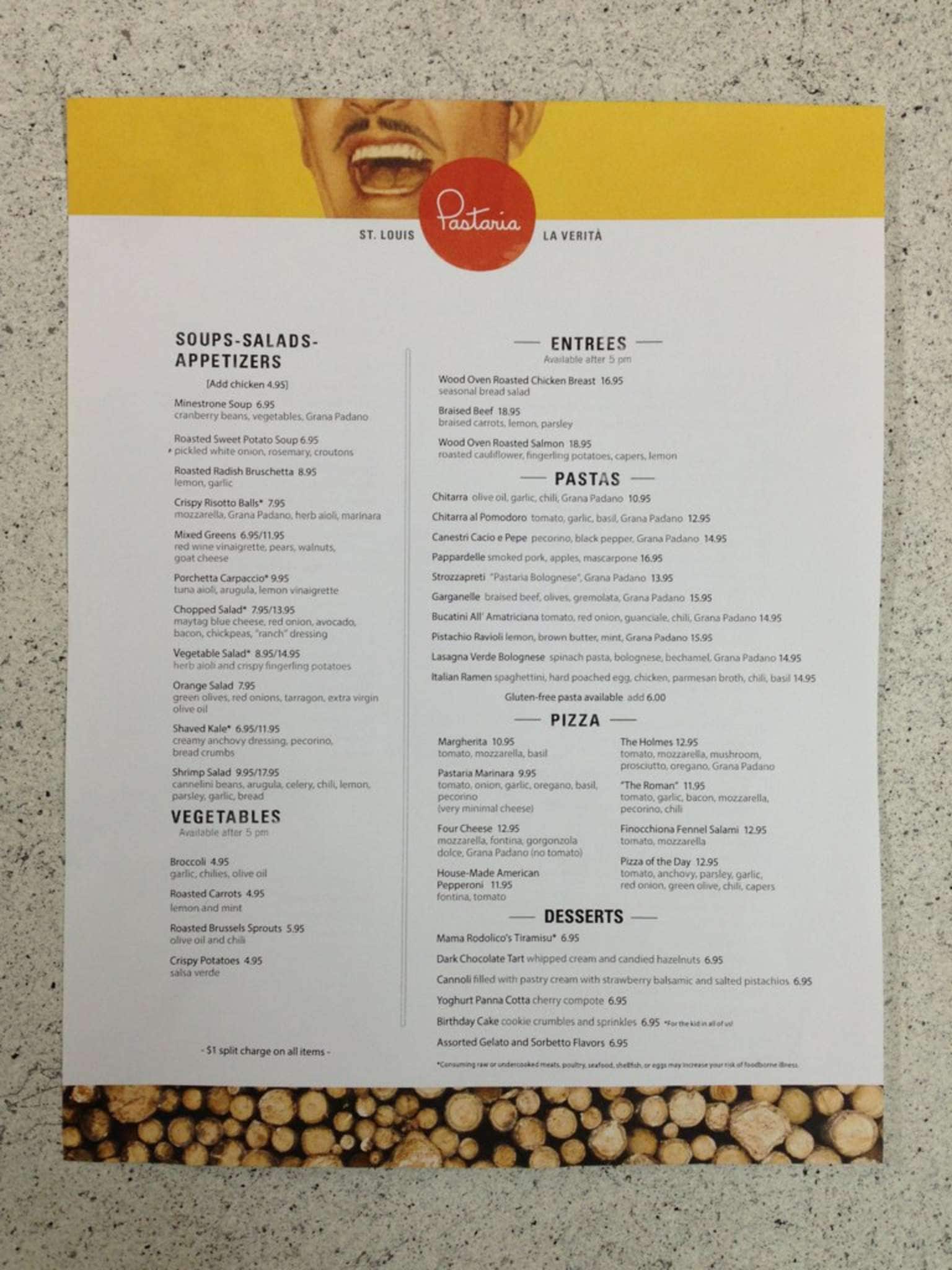 Menu at Pastaria restaurant, Clayton