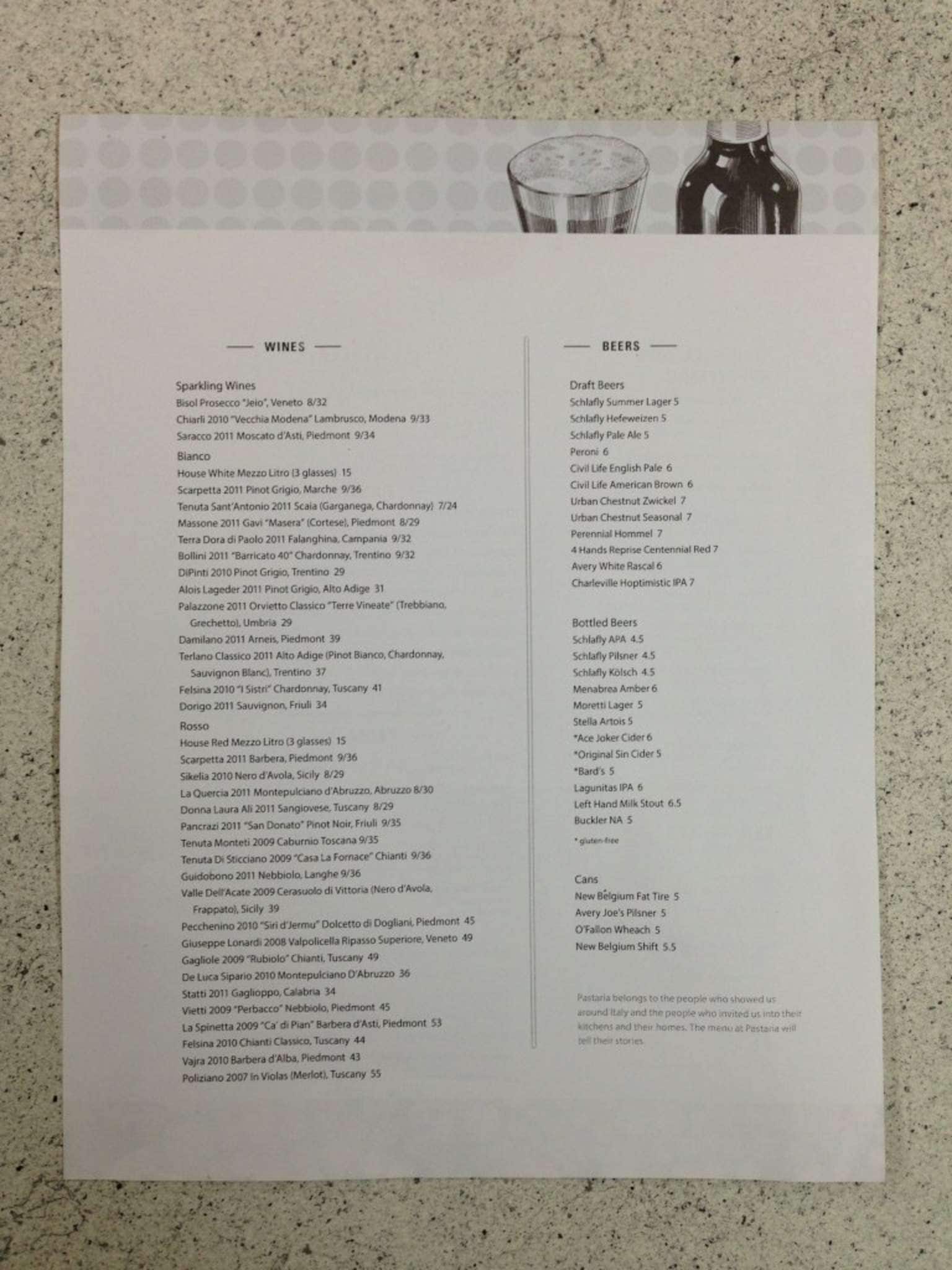 Menu at Pastaria restaurant, Clayton