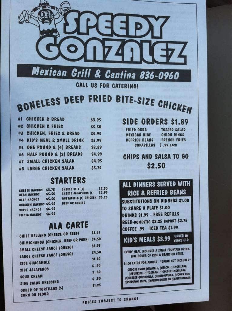 Menu at Speedy Gonzalez restaurant, Tulsa, S Memorial Dr