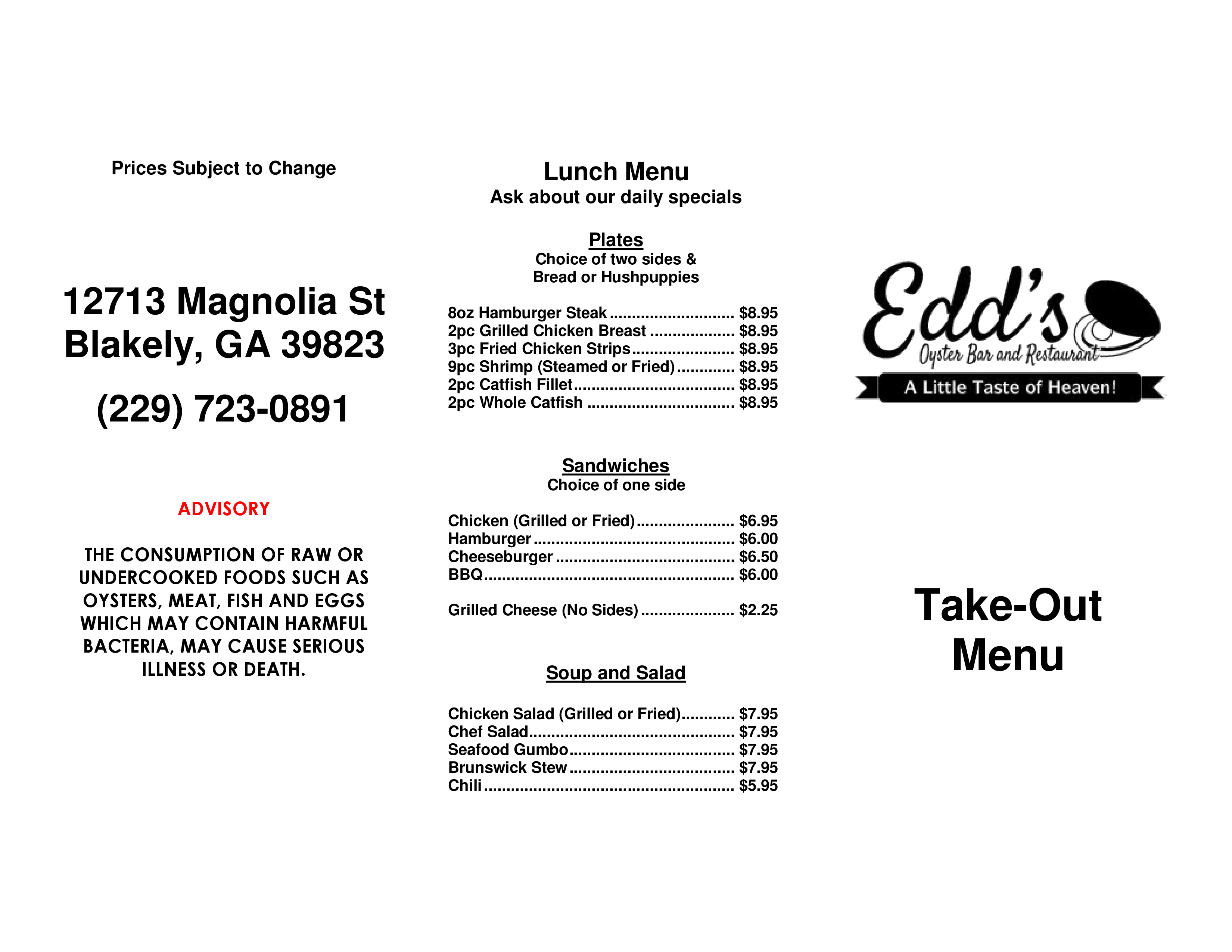 Menu at Edd's Oyster Bar and Restaurant, Blakely