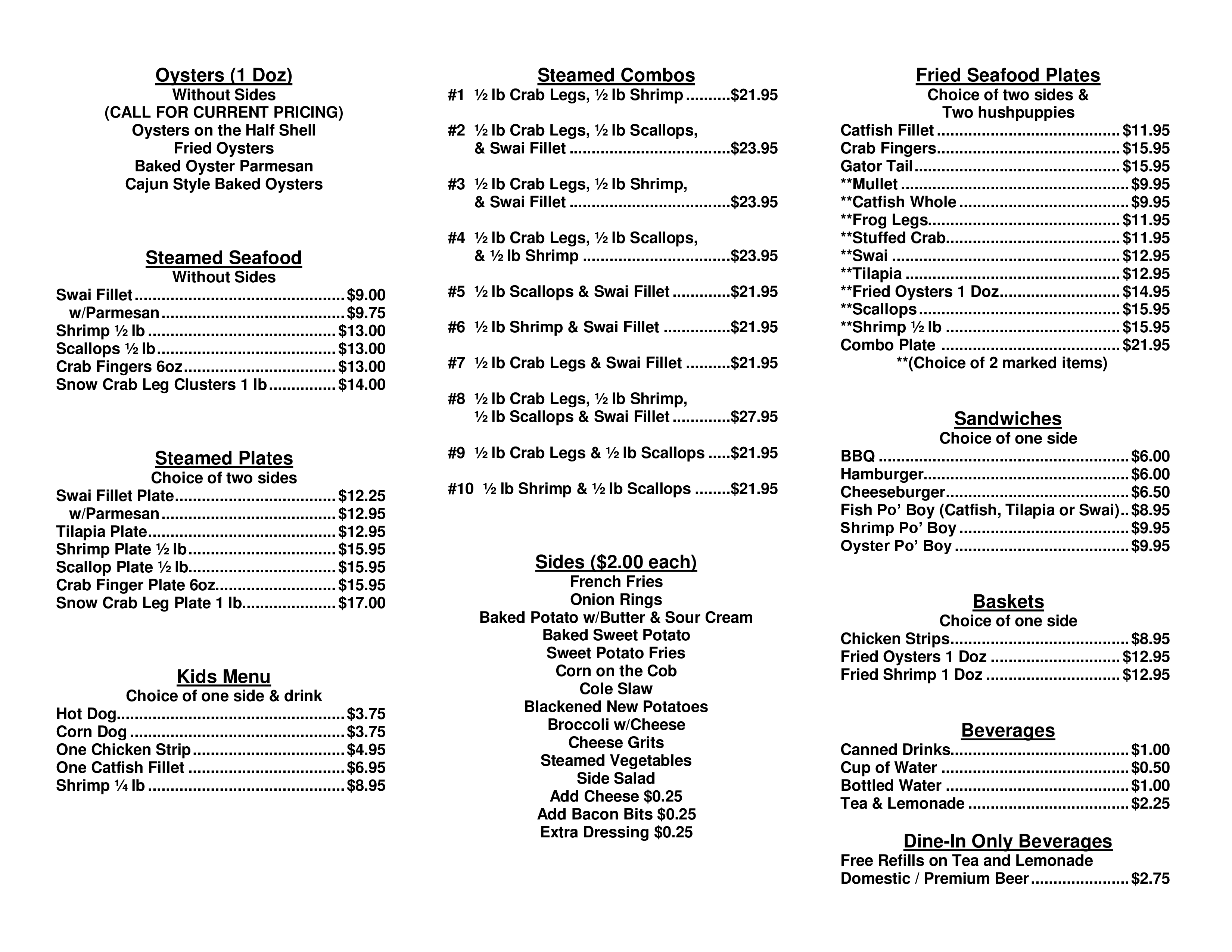 Menu at Edd's Oyster Bar and Restaurant, Blakely