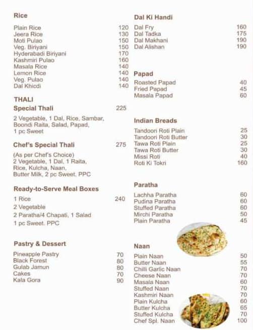 Menu at Chandra Grand, Jodhpur