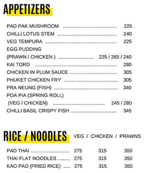 Menu at Soi Siam, Bengaluru