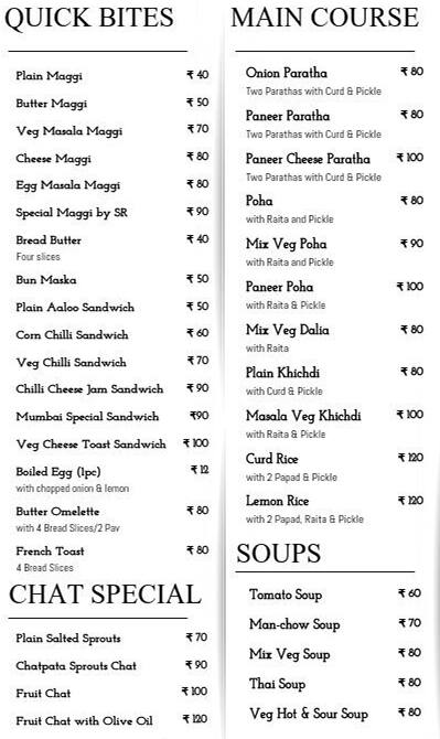 Menu of SR Kitchen, Sector 40, Gurgaon