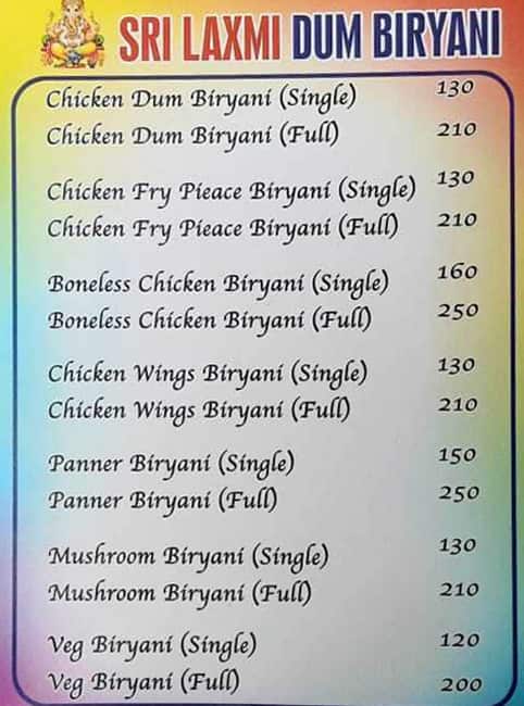 Menu of Sri Laxmi Dum Biryani, Nizampet, Hyderabad
