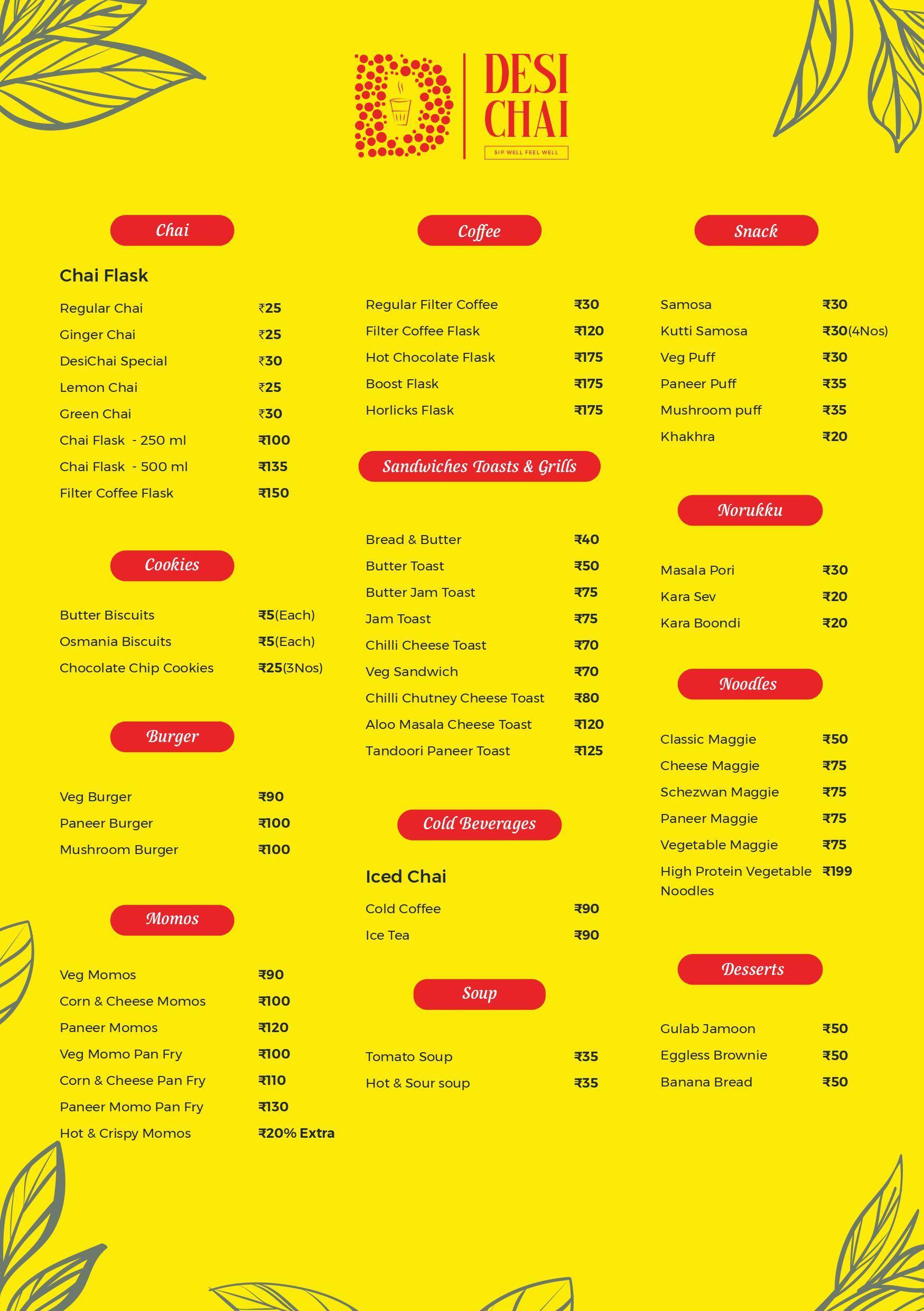 Menu at DESI CHAI, Chennai
