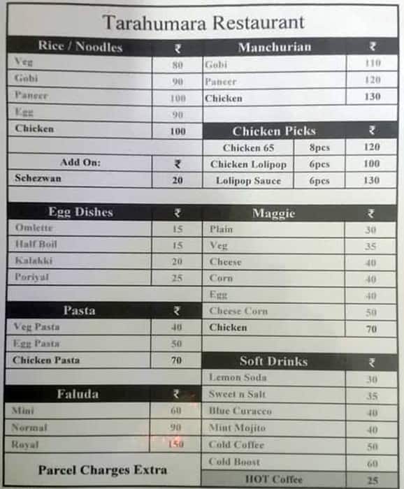 Menu of Tarahumara Restaurant, Padur, Chennai