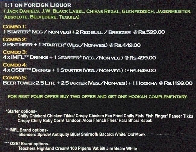 Menu at Shimmers, Kolkata