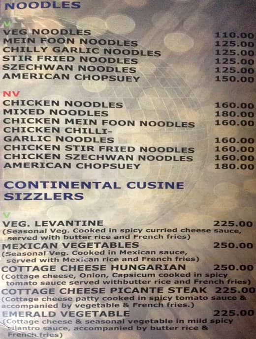 Menu at Shimmers, Kolkata