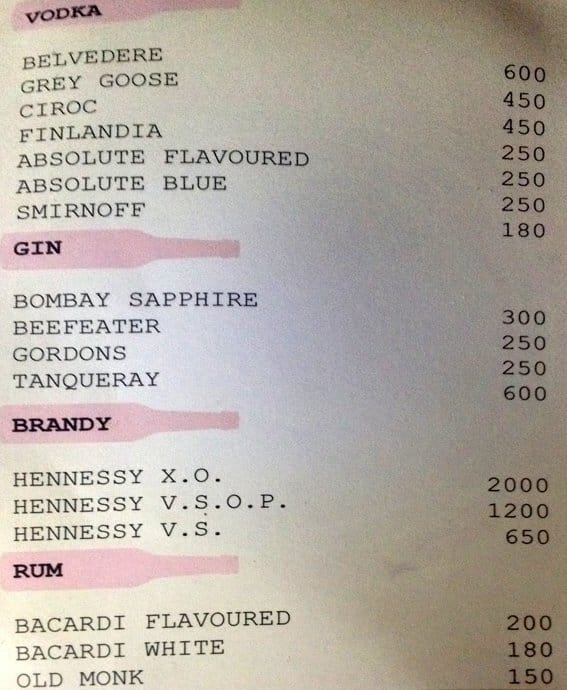 Menu at Shimmers, Kolkata