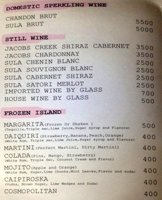Menu at Shimmers, Kolkata