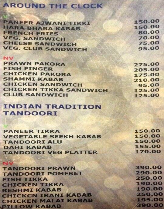 Menu at Shimmers, Kolkata