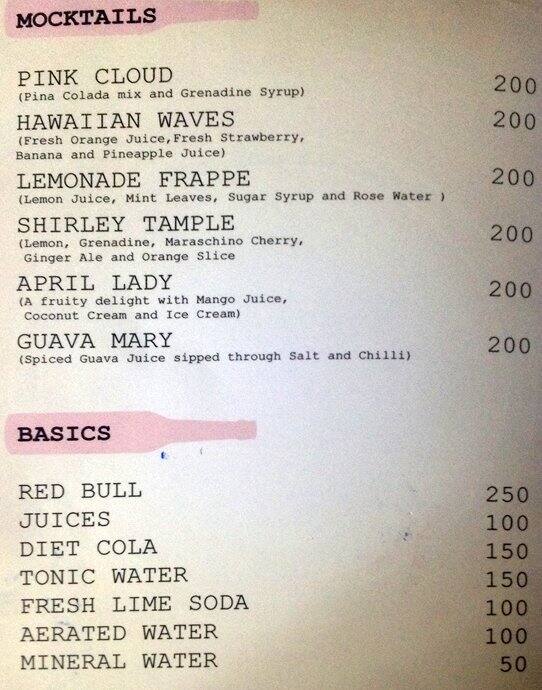 Menu at Shimmers, Kolkata