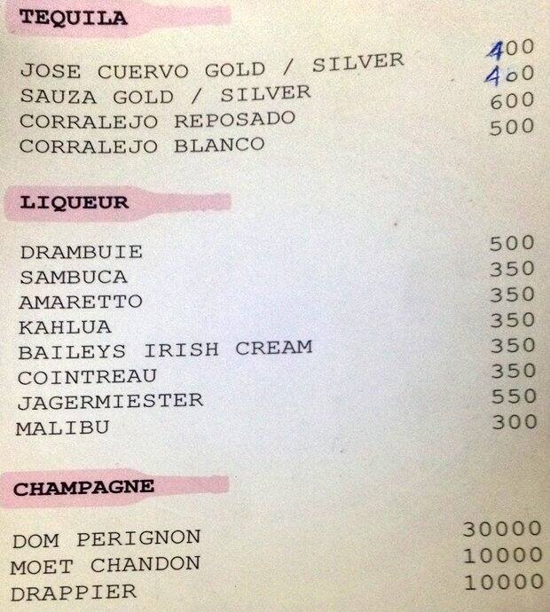 Menu at Shimmers, Kolkata
