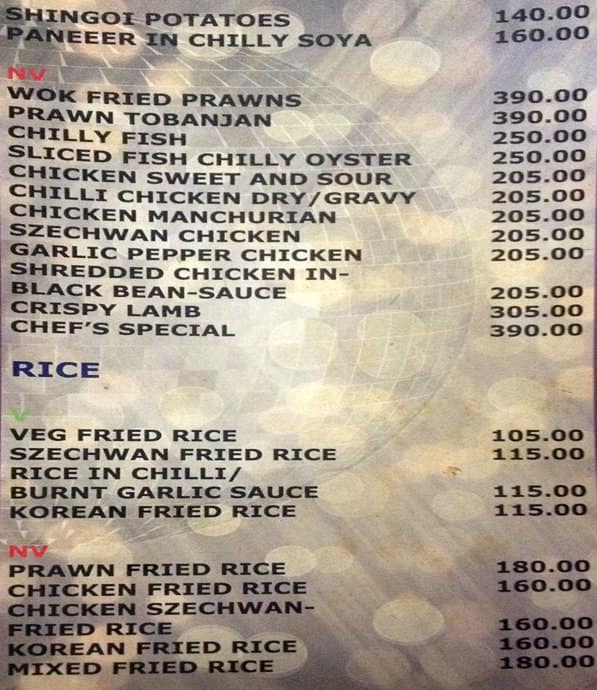 Menu at Shimmers, Kolkata