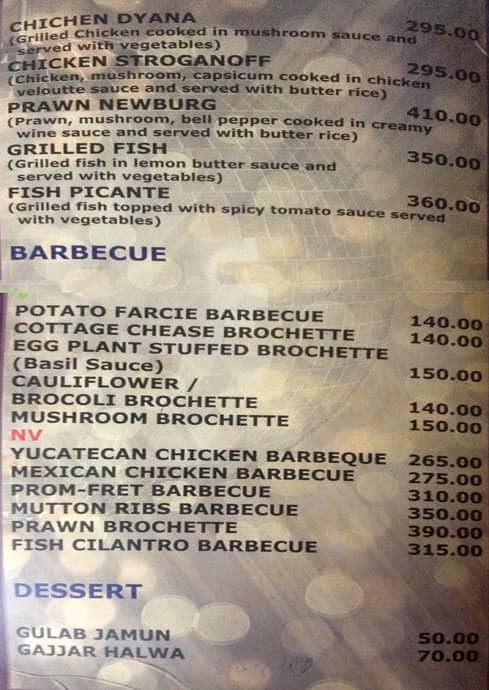 Menu at Shimmers, Kolkata
