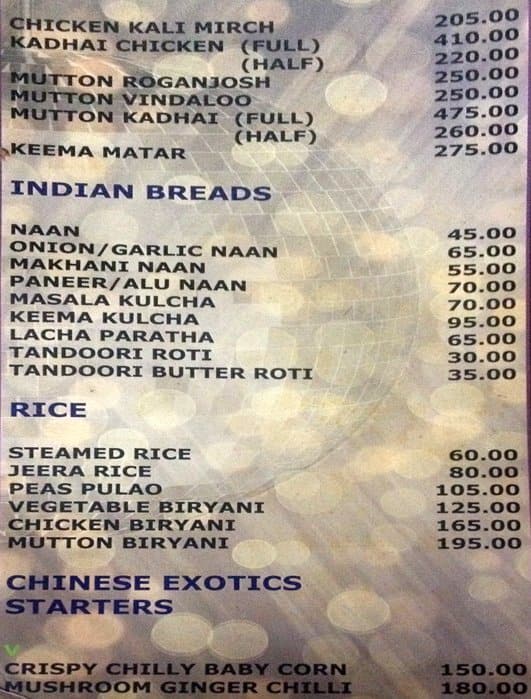 Menu at Shimmers, Kolkata