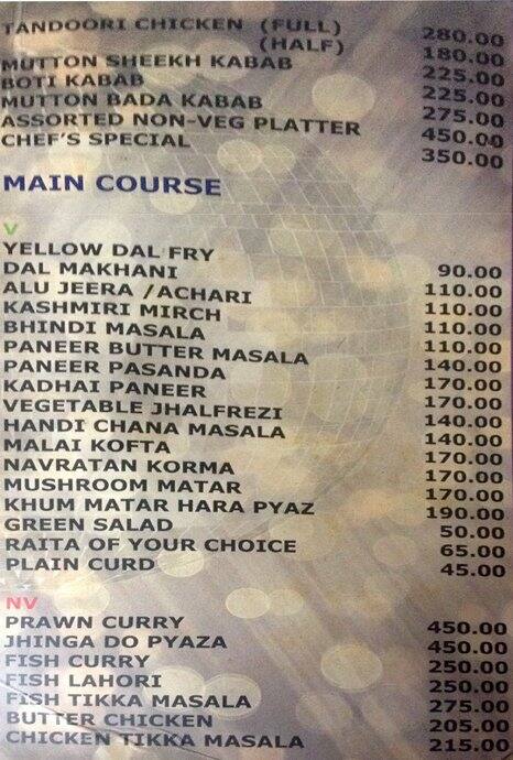 Menu at Shimmers, Kolkata