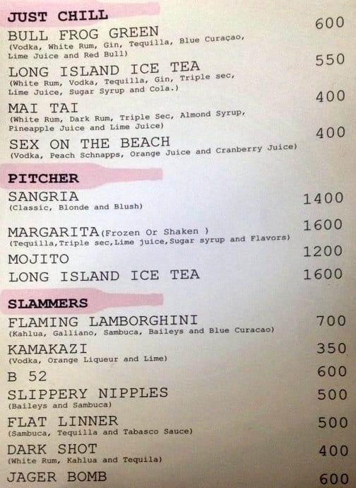Menu at Shimmers, Kolkata