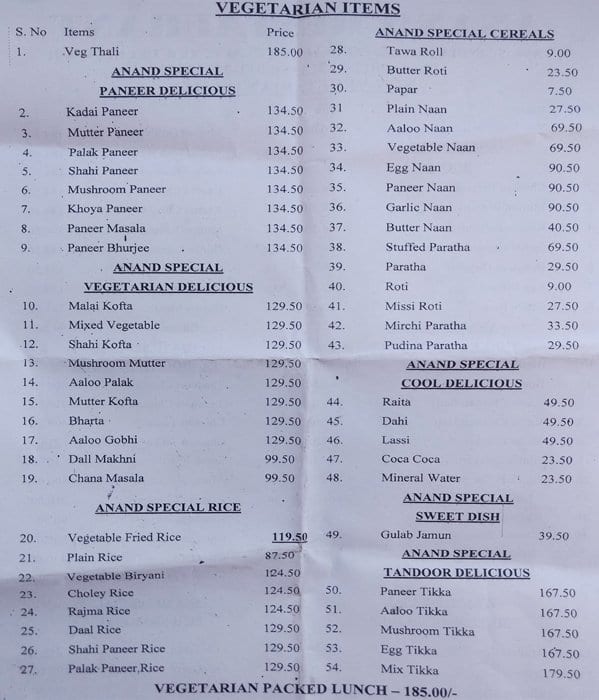 Anand Restaurant menu, Menu restauracji Anand Restaurant, Connaught ...