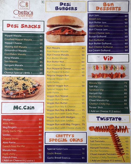Menu of Chetty’s Corner, Nagawara, Bangalore