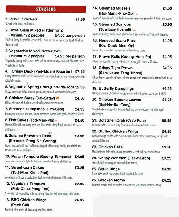 Menu at SiamRadhuny Thai and Indian Restaurants, Dartford
