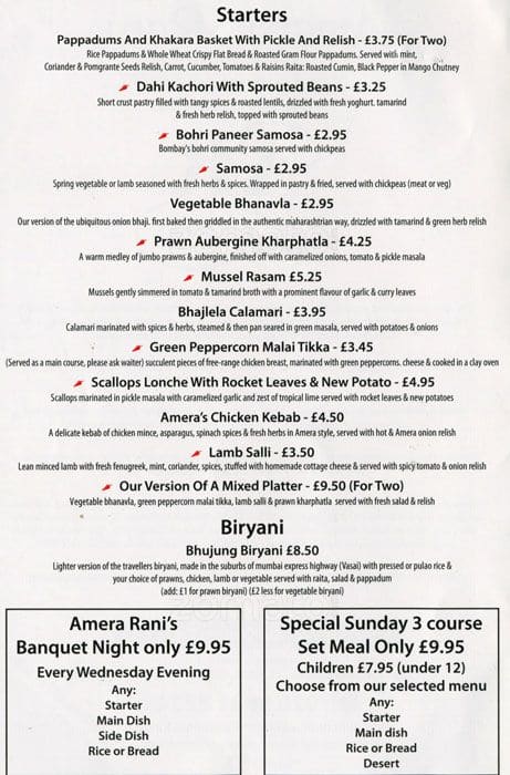 Menu at Amera Rani restaurant, South Croydon