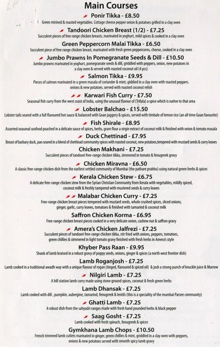 Menu at Amera Rani restaurant, South Croydon