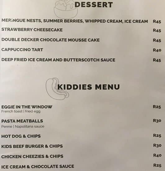 Menu at Eat At Simonsvlei, Cape Town