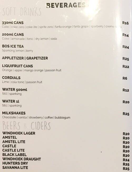 Menu at Eat At Simonsvlei, Cape Town